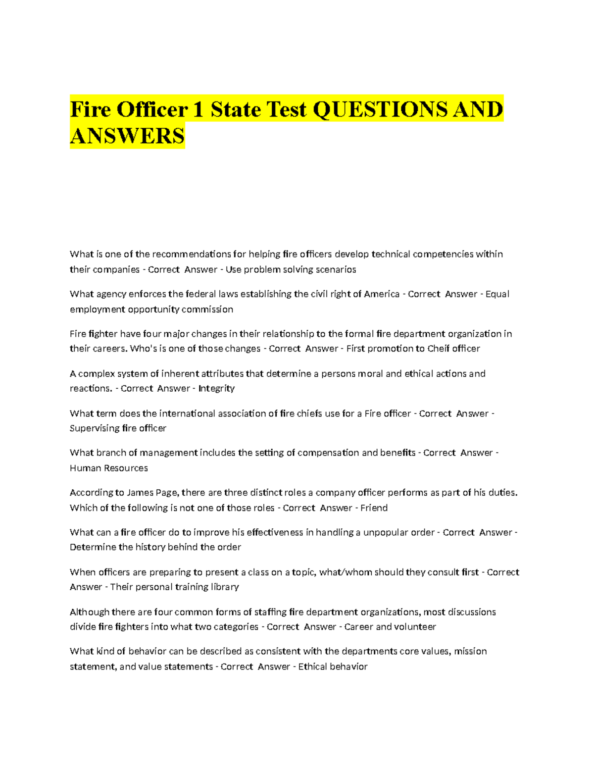 Fire Officer 1 State Test Questions AND Answers - Fire Officer 1 State ...