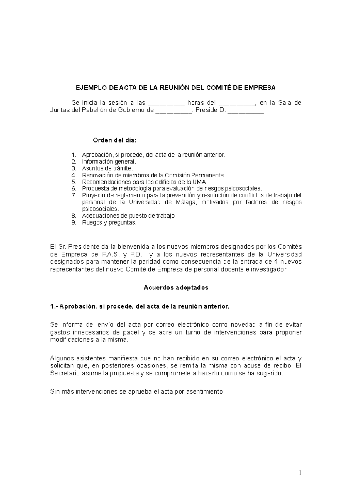 Formato DE ACTA DE Comite DE Empresa 1 - EJEMPLO DE ACTA DE LA REUNIÓN ...