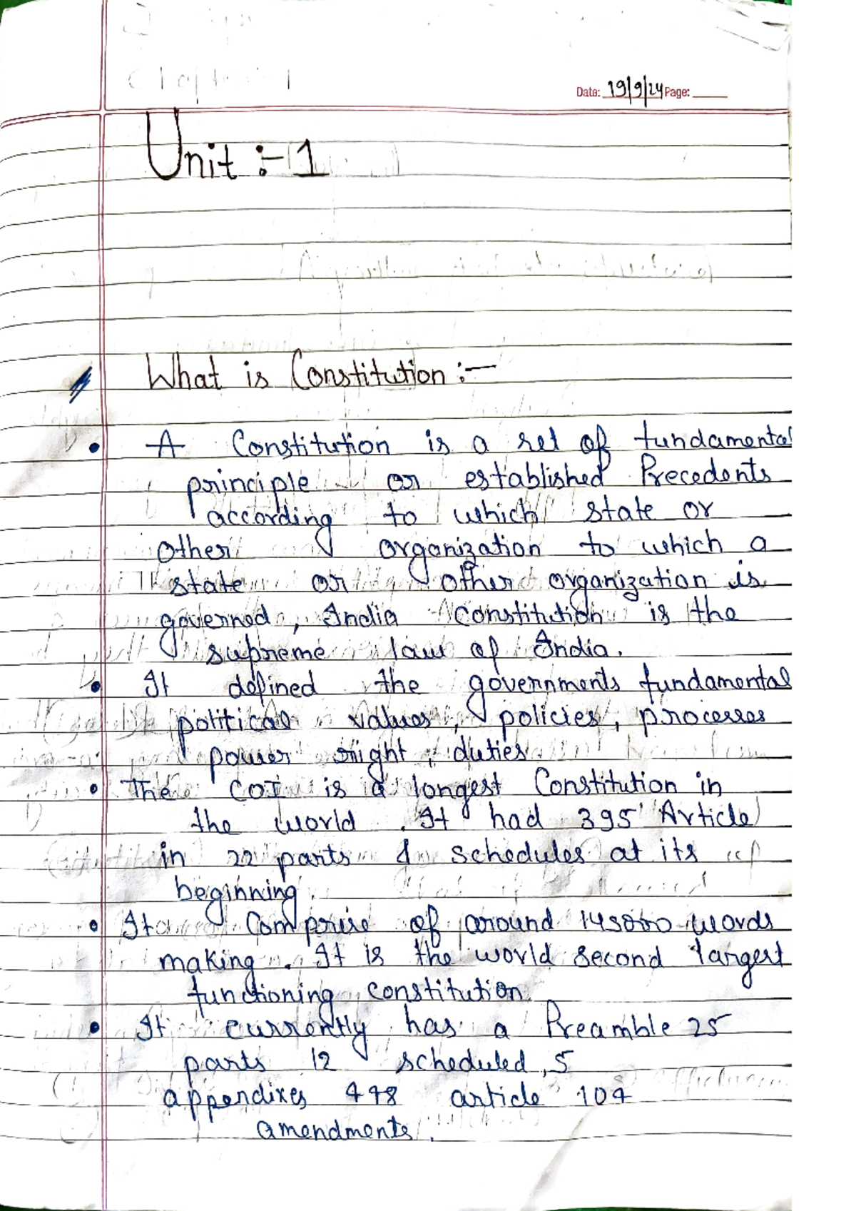 Constitution Of India Unit 1 notes - Date: Page: Unit 1 What is A ...