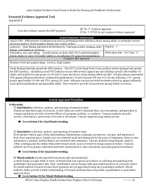 Appendix G 2022 Final Summary Tool - Johns Hopkins Evidence-Based ...