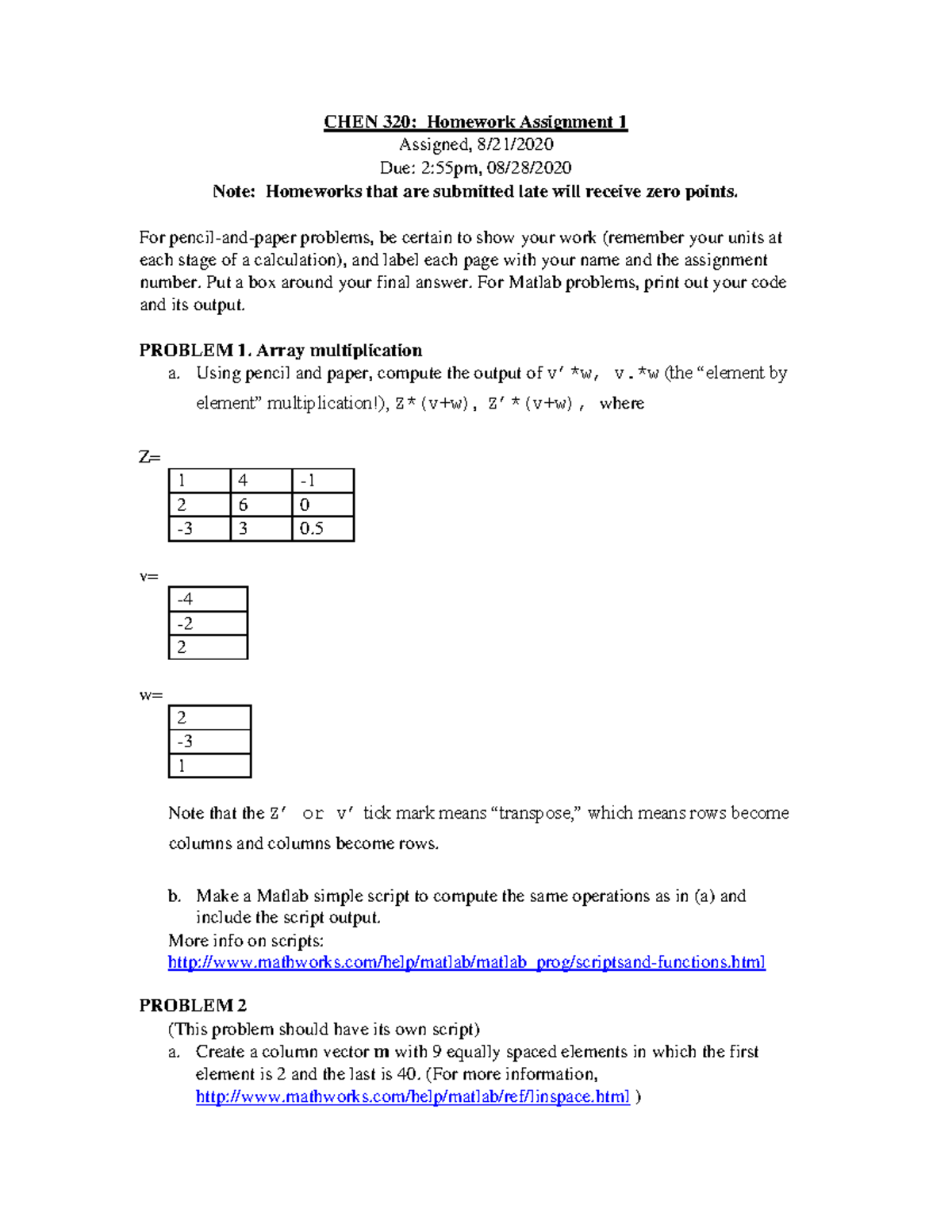 First Homework Assignment - CHEN 320: Homework Assignment 1 Assigned, 8 ...