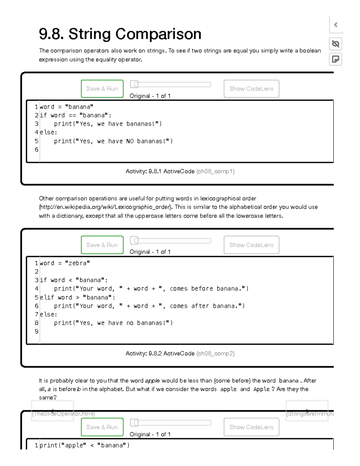 98 String Comparison — How To Think Like A Computer Scientist Interactive Edition 9 String