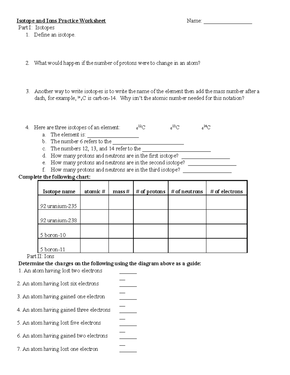 Ions + Isotopes Practice - Isotope and Ions Practice Worksheet Name ...