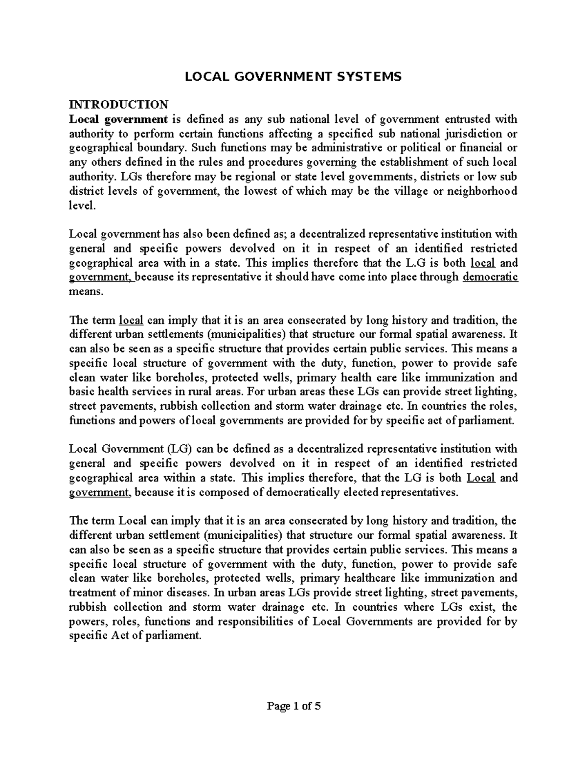 Local Government Systems - LOCAL GOVERNMENT SYSTEMS INTRODUCTION Local ...