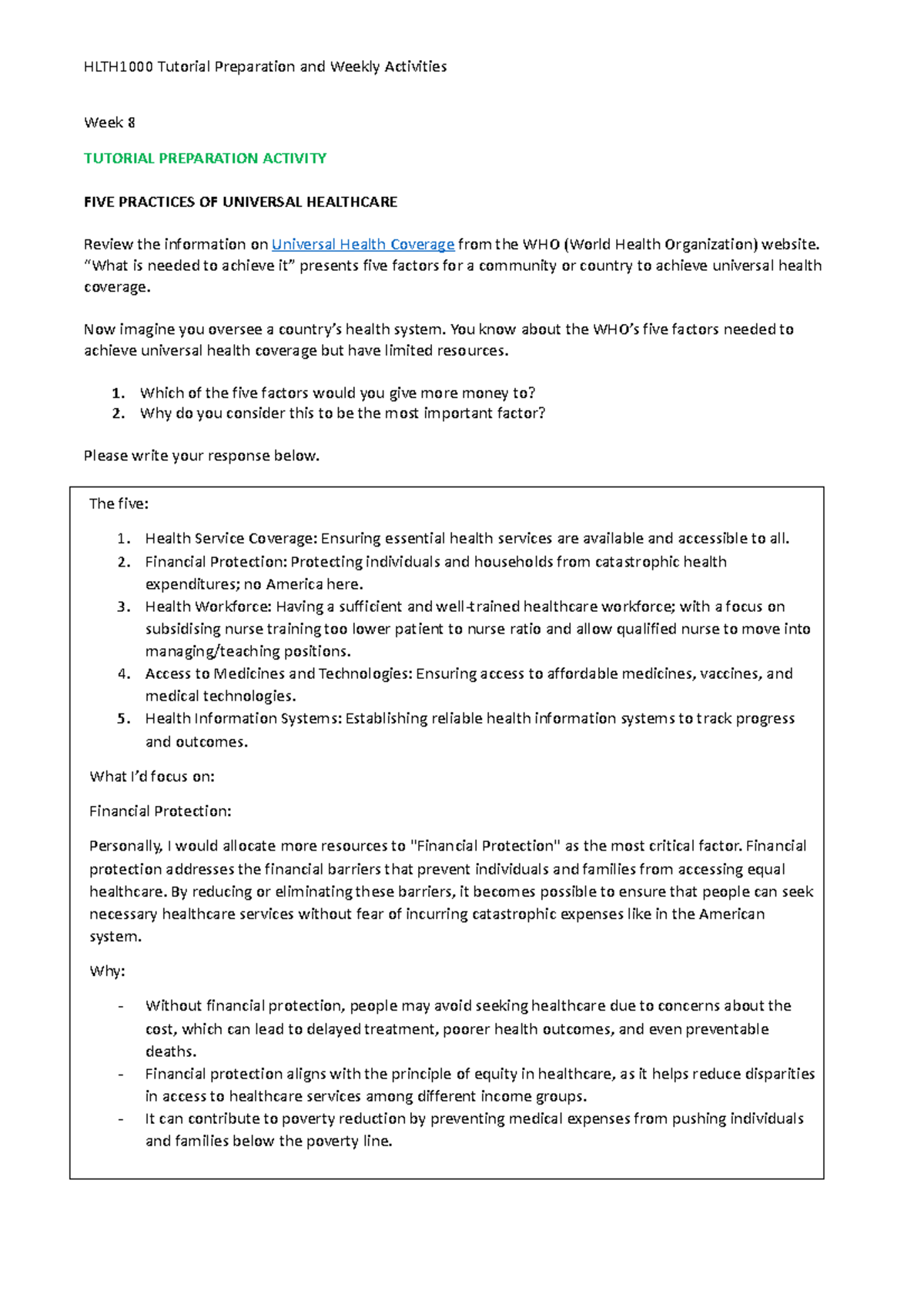 Week 8 tutorial preparation and weekly activities - HLTH1000 Tutorial ...