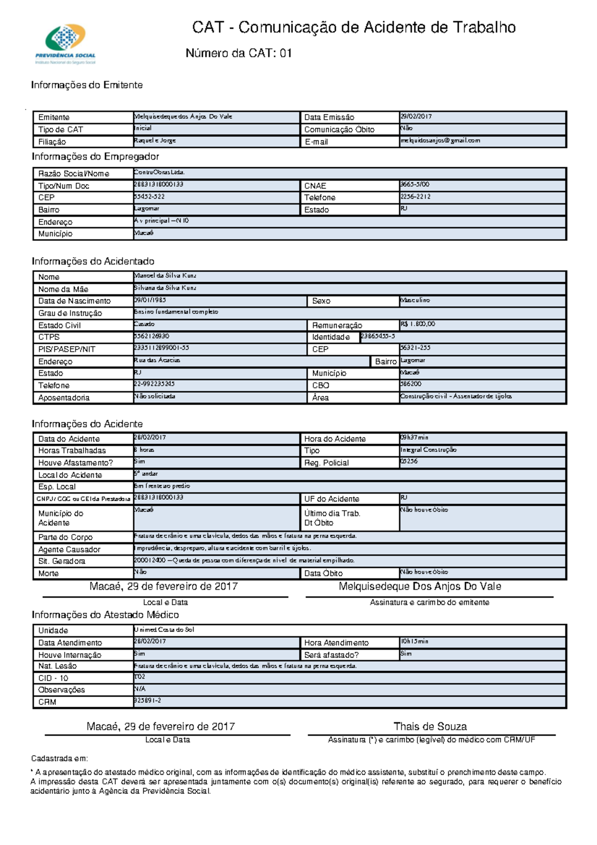 Formulário CAT SA1E1 - Informações do Emitente CAT - Comunicação de ...