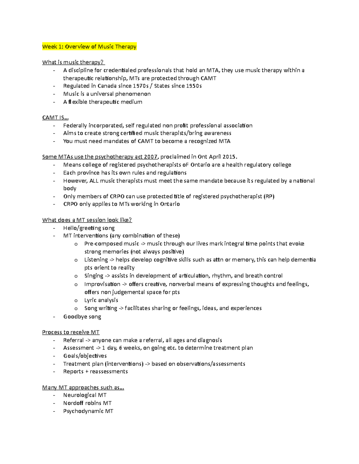 Music Therapy Notes Week 1-3 - Week 1: Overview of Music Therapy What ...