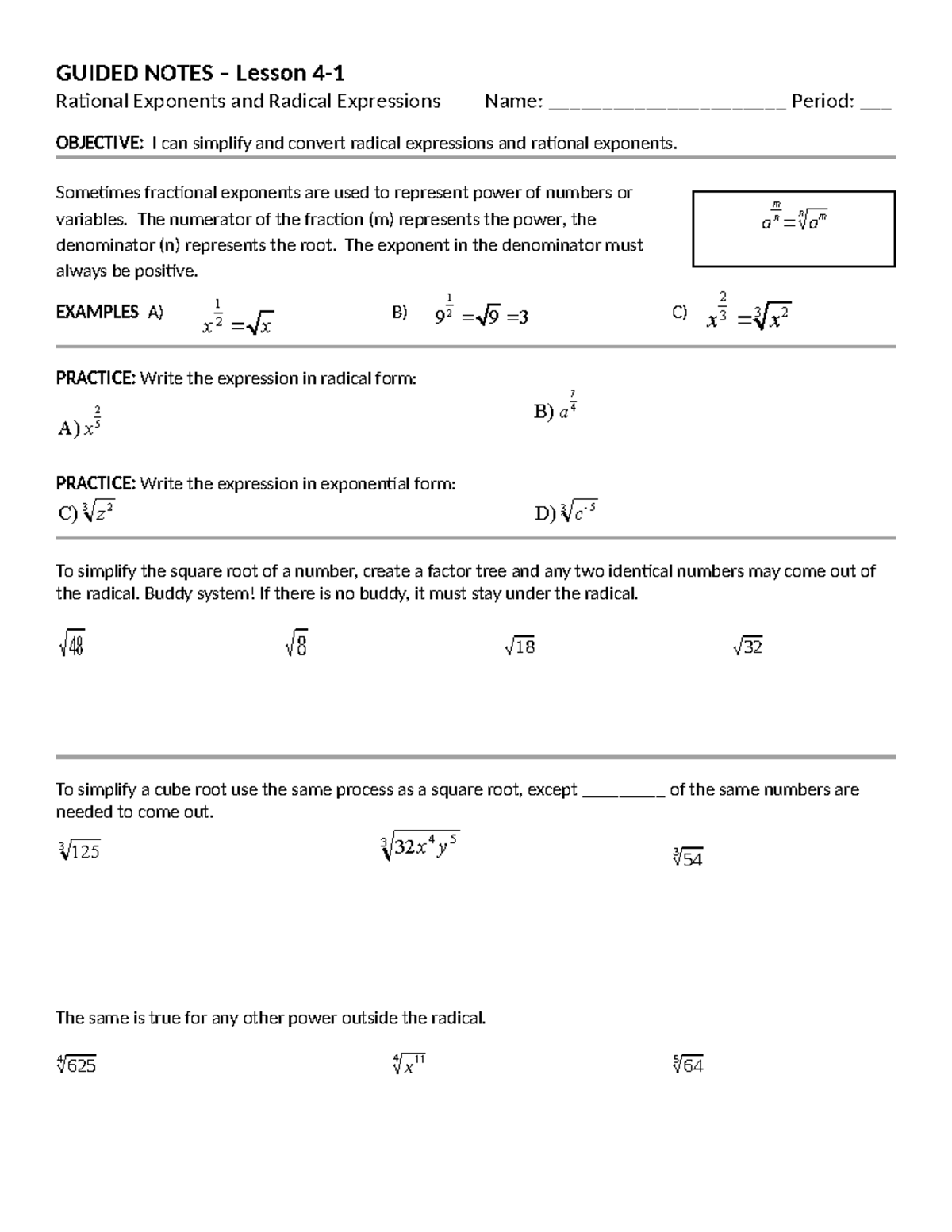 4-1 Guided Notes - Rational Exponents and Radical Expressions - GUIDED ...