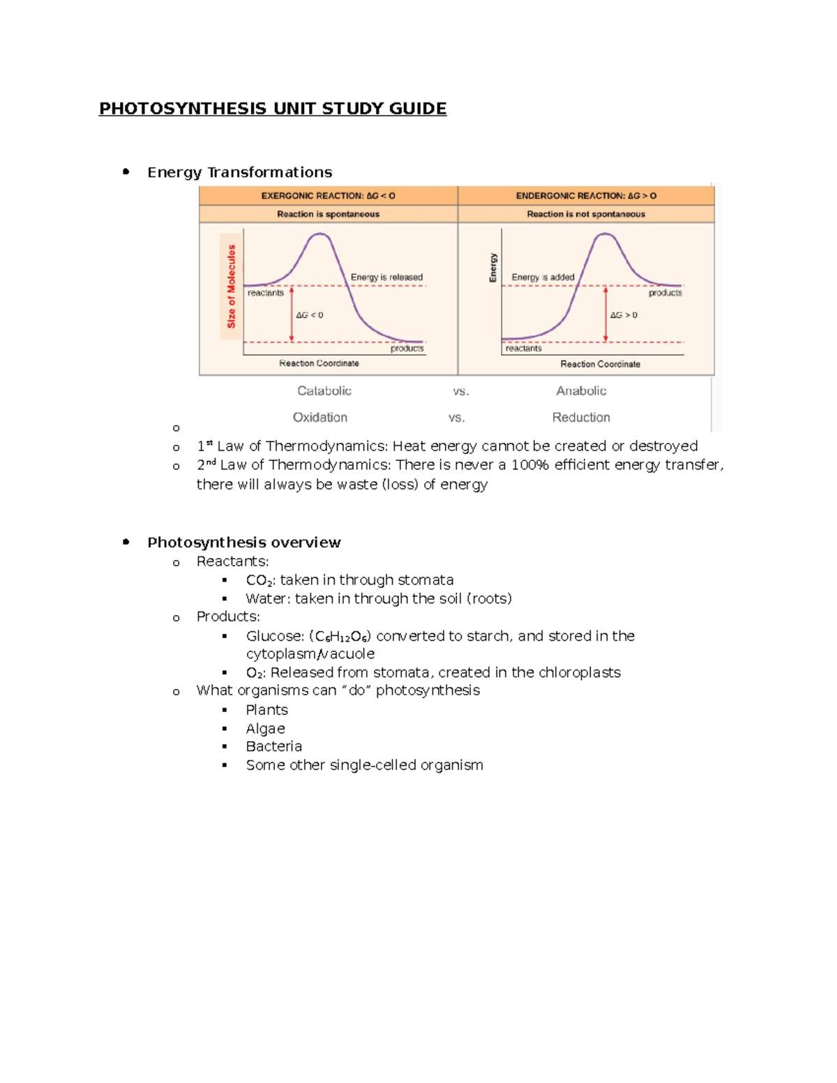 Photo Unit Study Guide - PHOTOSYNTHESIS UNIT STUDY GUIDE Energy ...