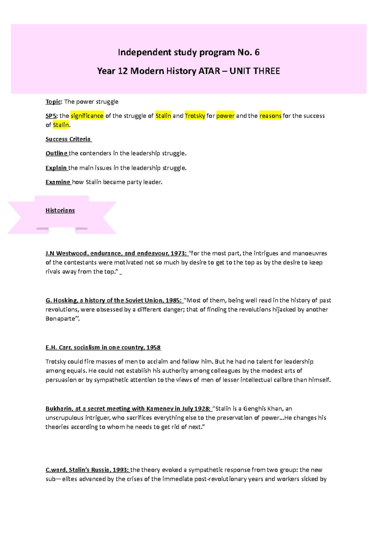 Independent study program No 6 - 6 Year 12 Modern History ATAR – UNIT ...