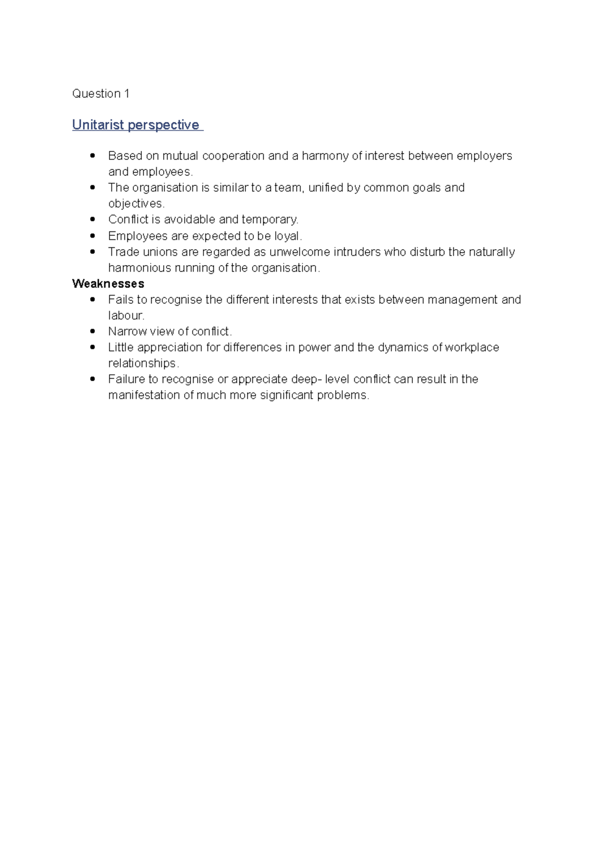 Managing people at work notes - Question 1 Unitarist perspective Based ...