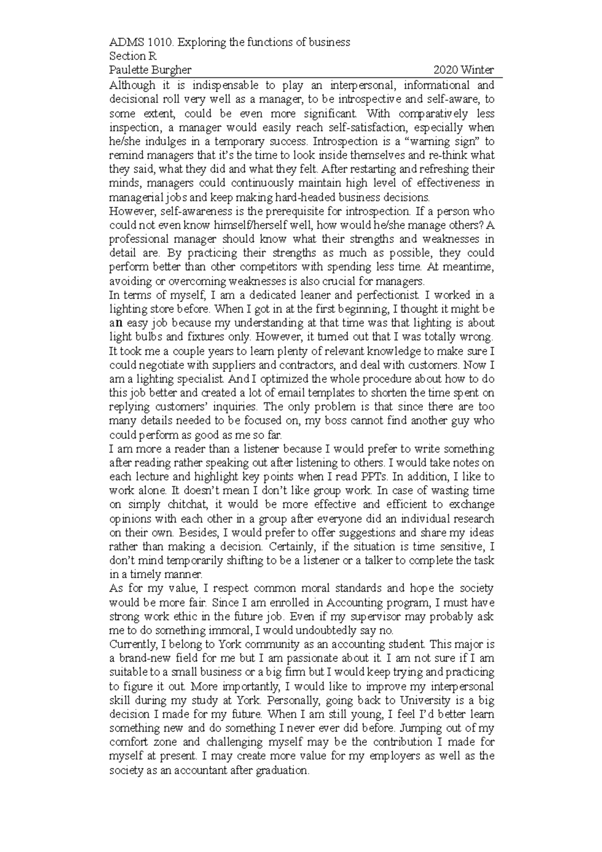 Adms 1010 Assignment 1 Adms 1010 Exploring The Functions Of Business Section R Paulette