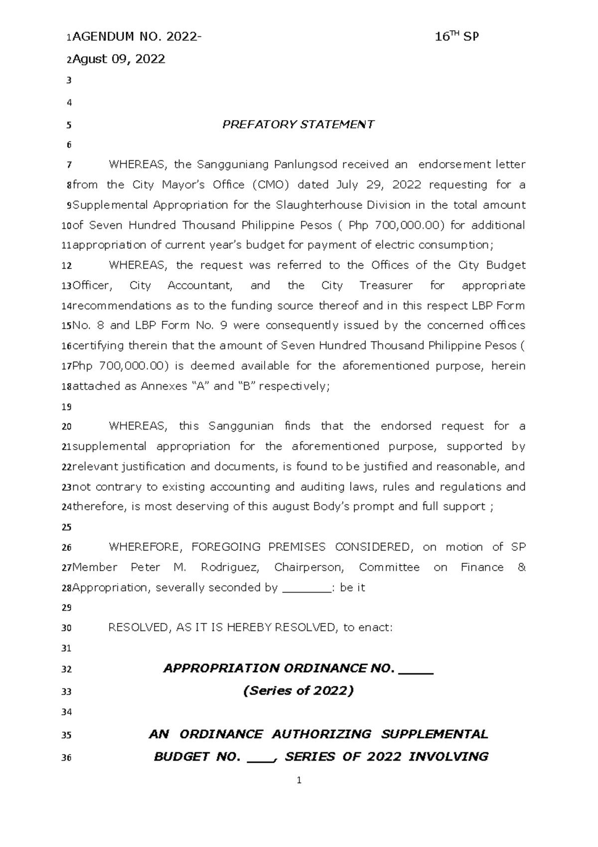 SH 700k - Legislative Docs - AGENDUM NO. 2022- 16 TH SP Agust 09, 2022 ...