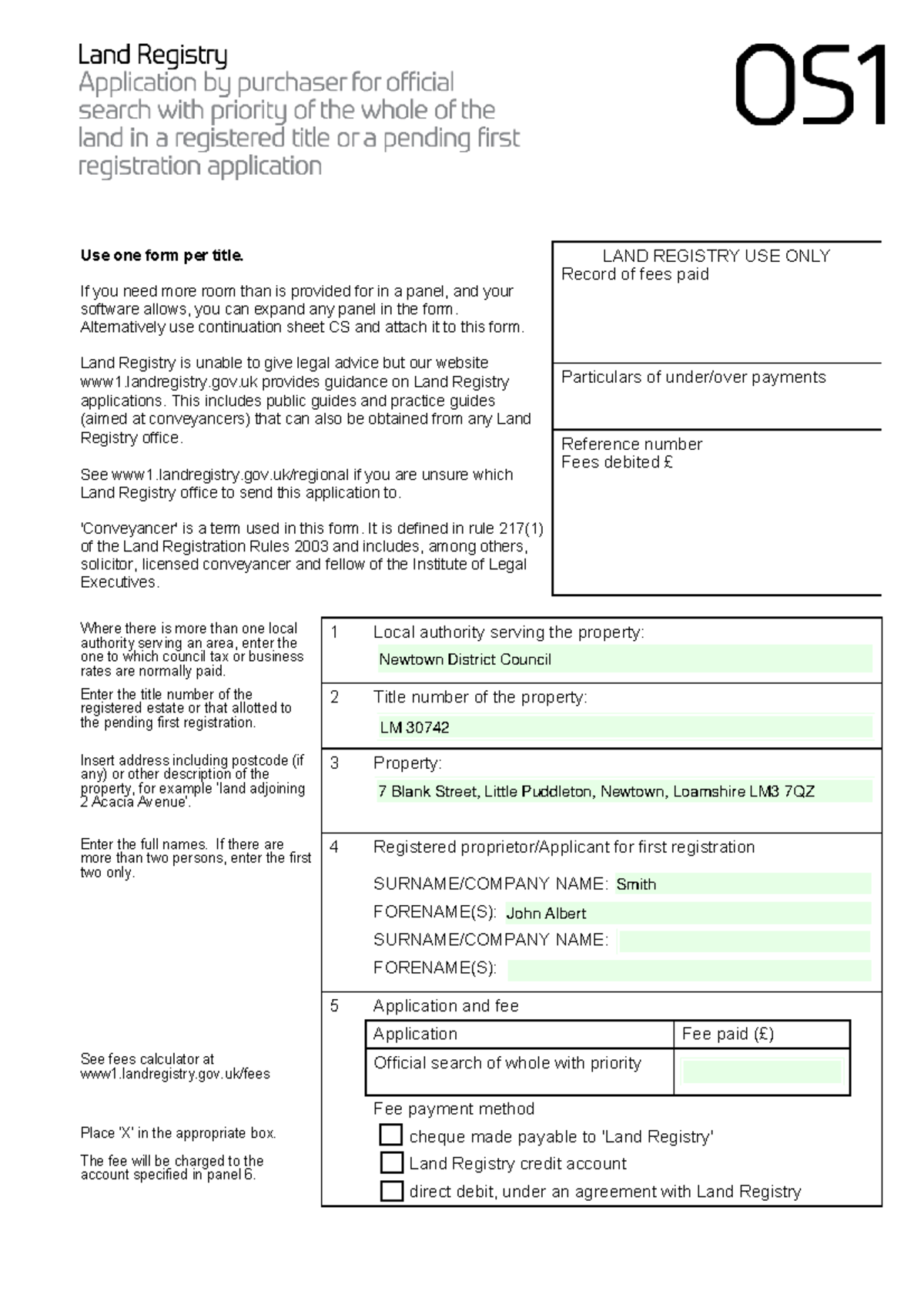 OS1 Form for a Whole search - LAND REGISTRY USE ONLY Record of fees ...