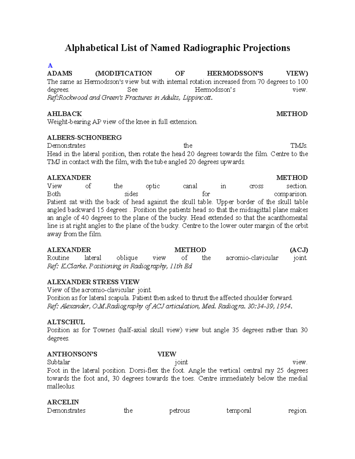 Alphabetical List of Named Radiographic Projections - See Hermodsson’s ...