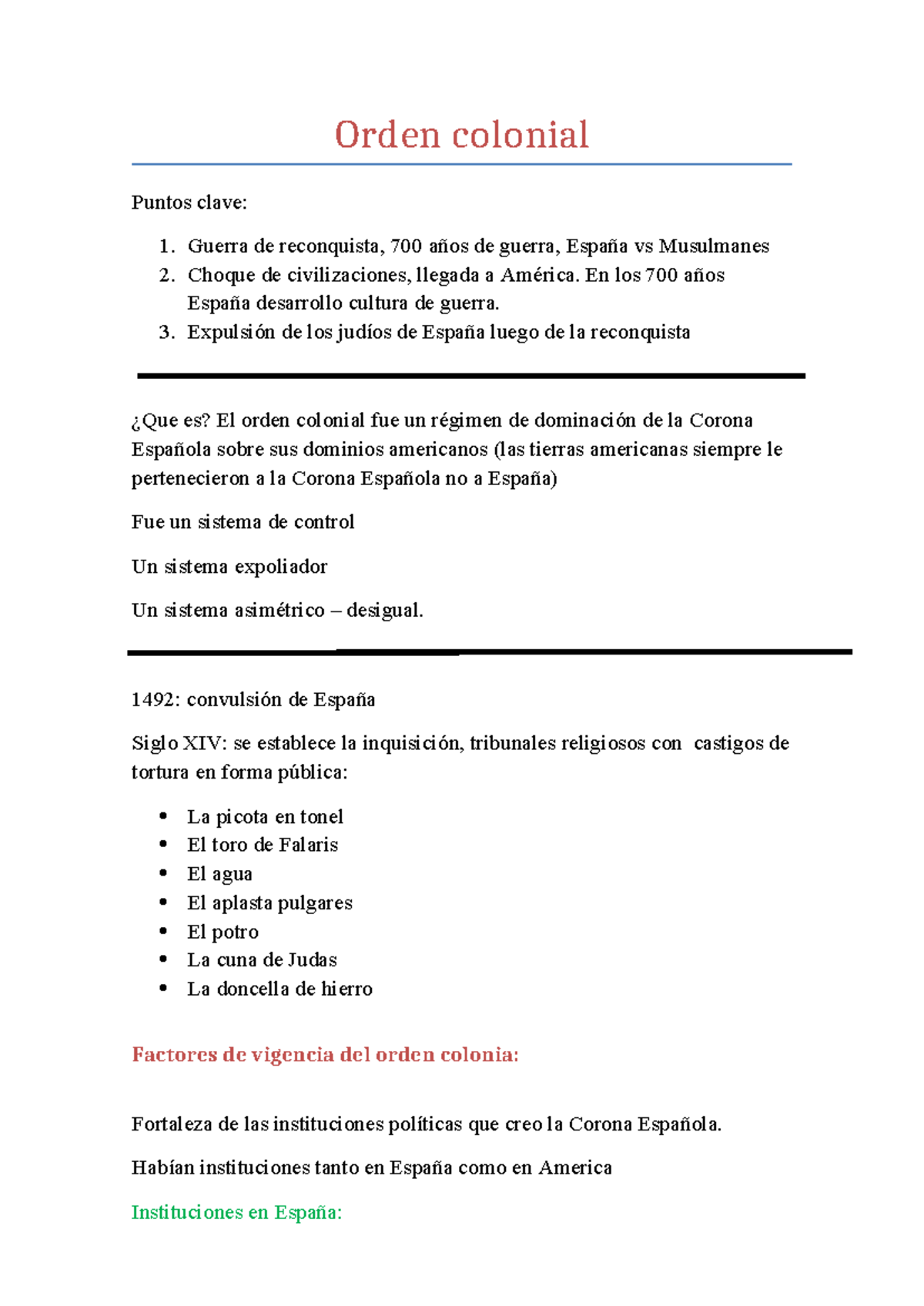 Orden colonial - Orden colonial Puntos clave: 1. Guerra de reconquista ...