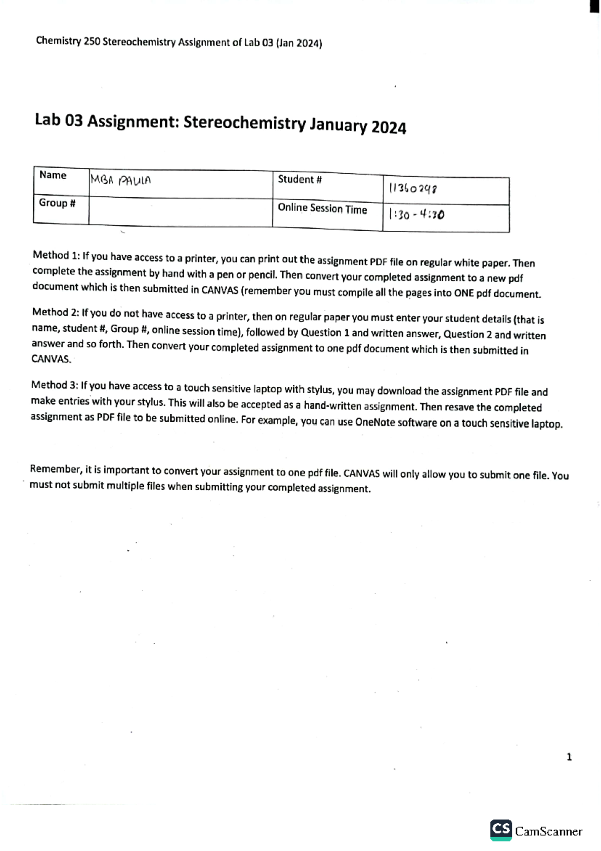 CHEM 250 LAB 3 - notes - Chemistry 250 Stereochemistry Assignment of ...