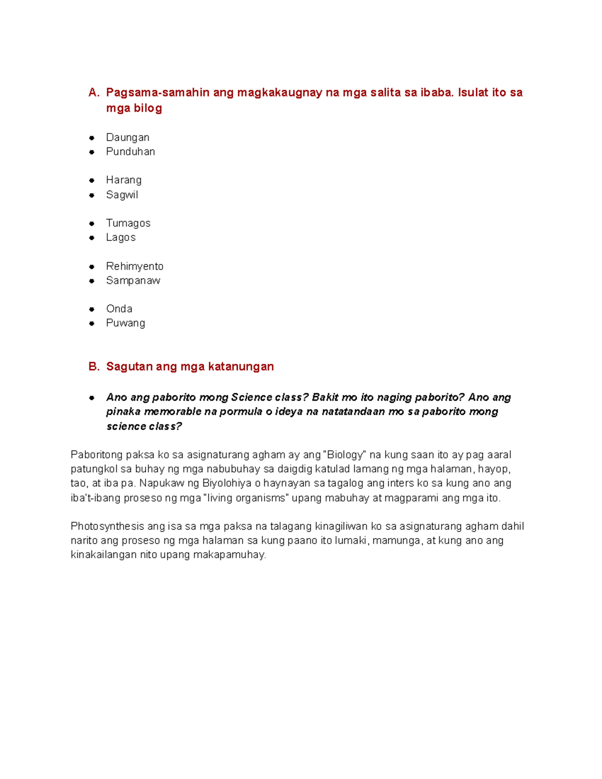 Filipino Assignment - A. Pagsama-samahin ang magkakaugnay na mga salita ...