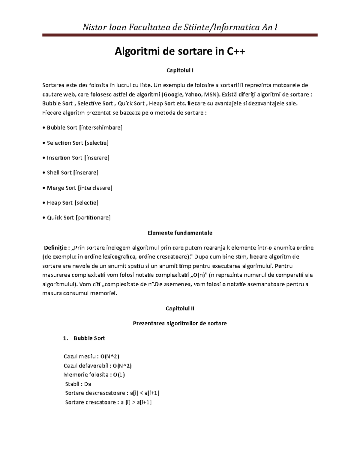 Algoritmi De Sortare In C Algoritmi De Sortare In C Capitolul I Sortarea Este Des