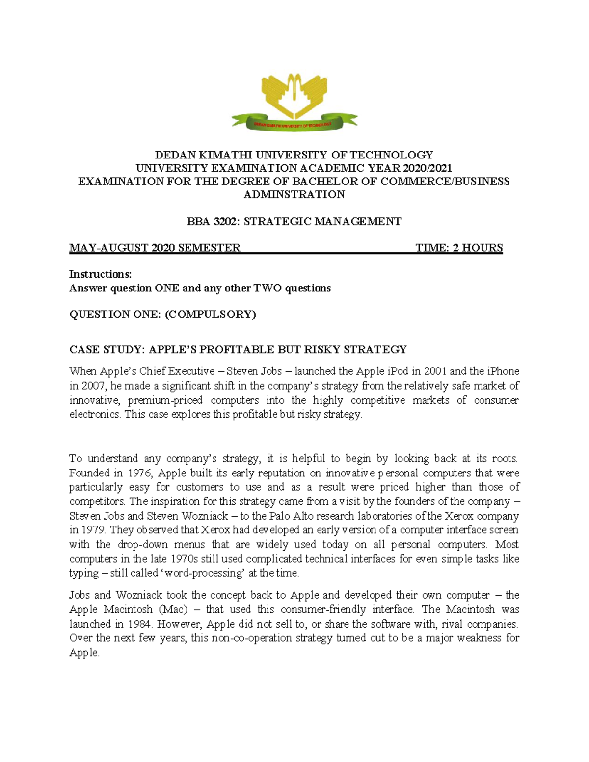 BBA 3202 Strategic Management - DEDAN KIMATHI UNIVERSITY OF TECHNOLOGY UNIVERSITY EXAMINATION ...