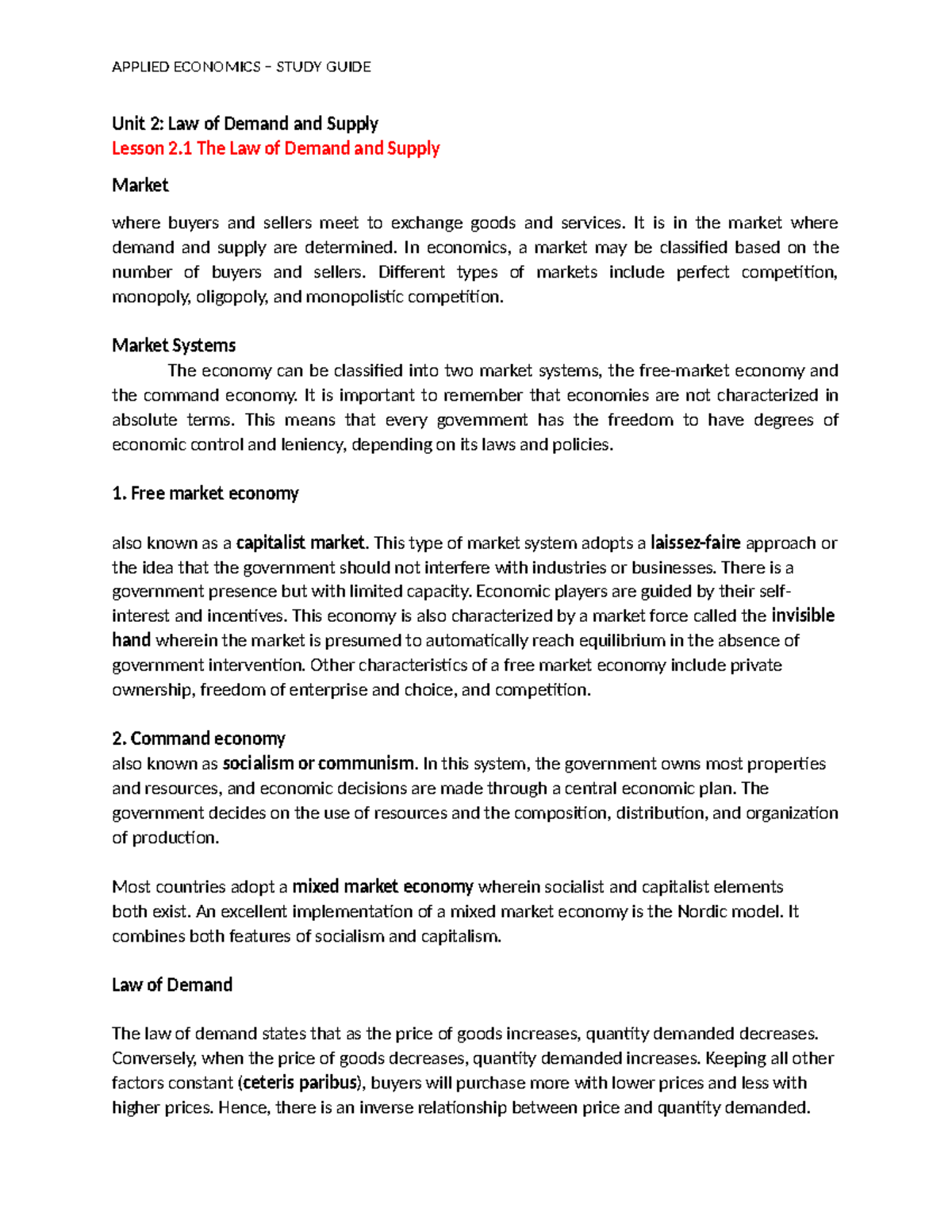 Study Guide Module 2 LAW OF Demand AND Supply 1 - Unit 2: Law of Demand ...