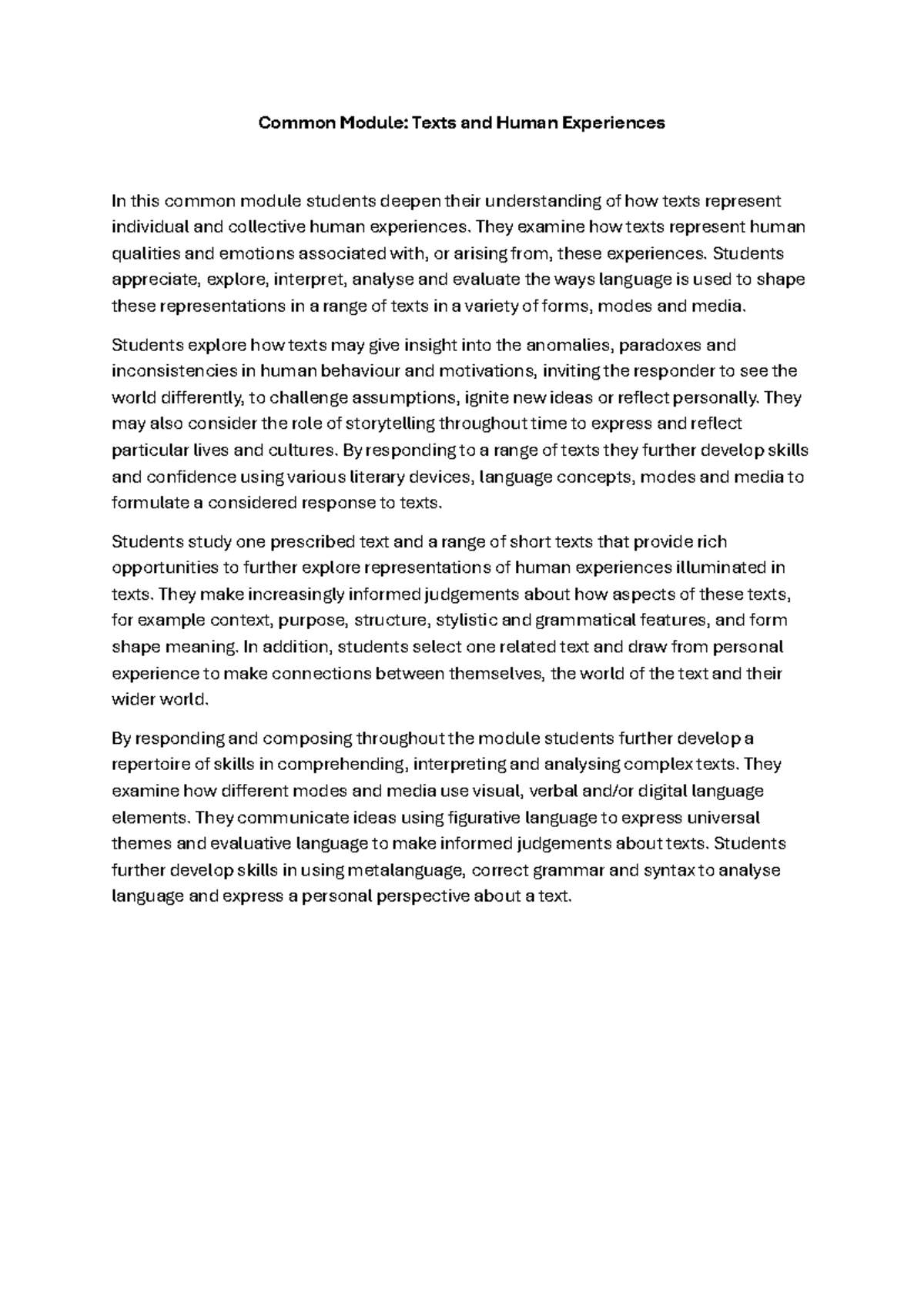 Standard Common Module Rubric - Common Module: Texts and Human ...