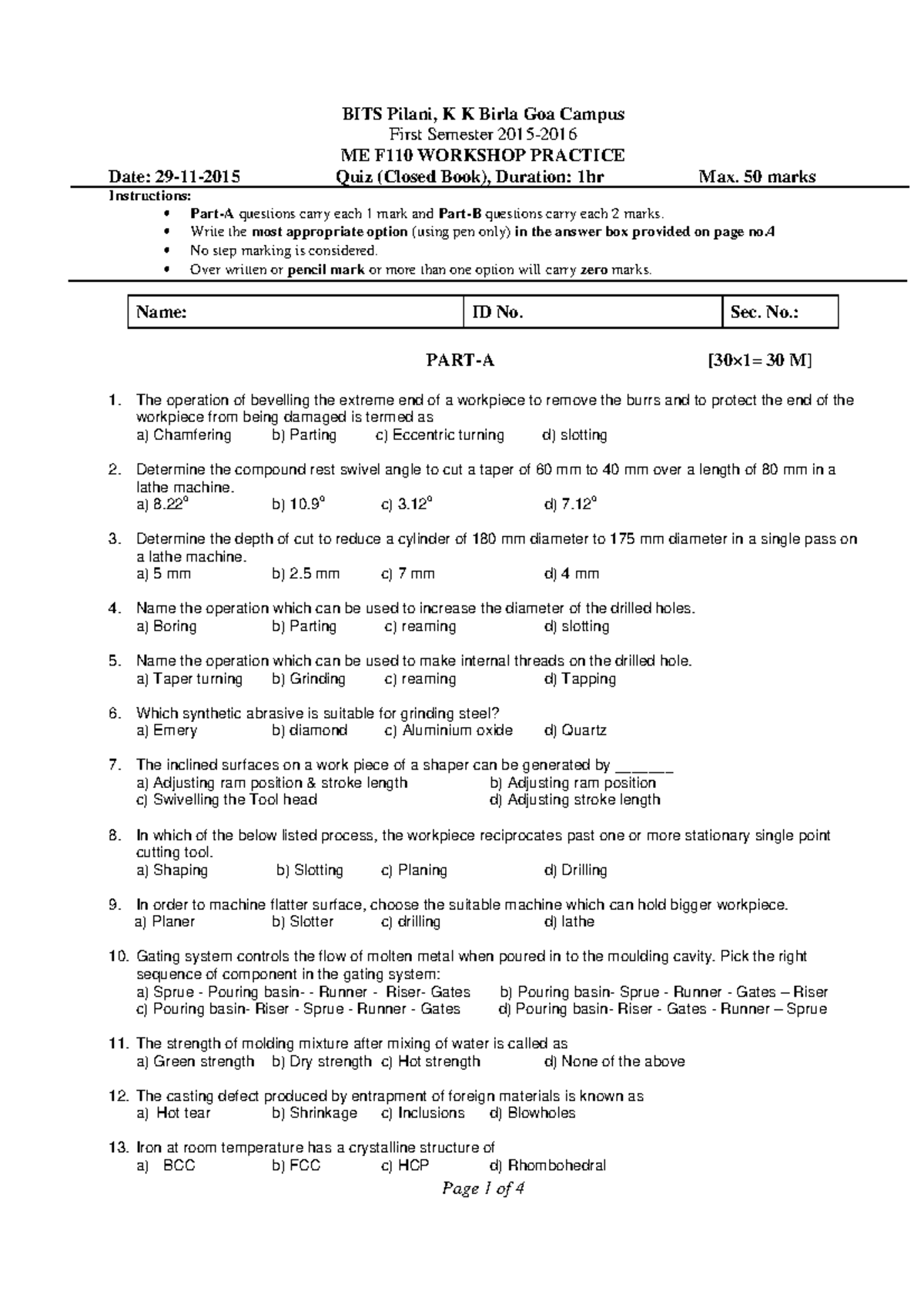 Compre -semester1 - Workshop Practice - BITS Pilani - Studocu