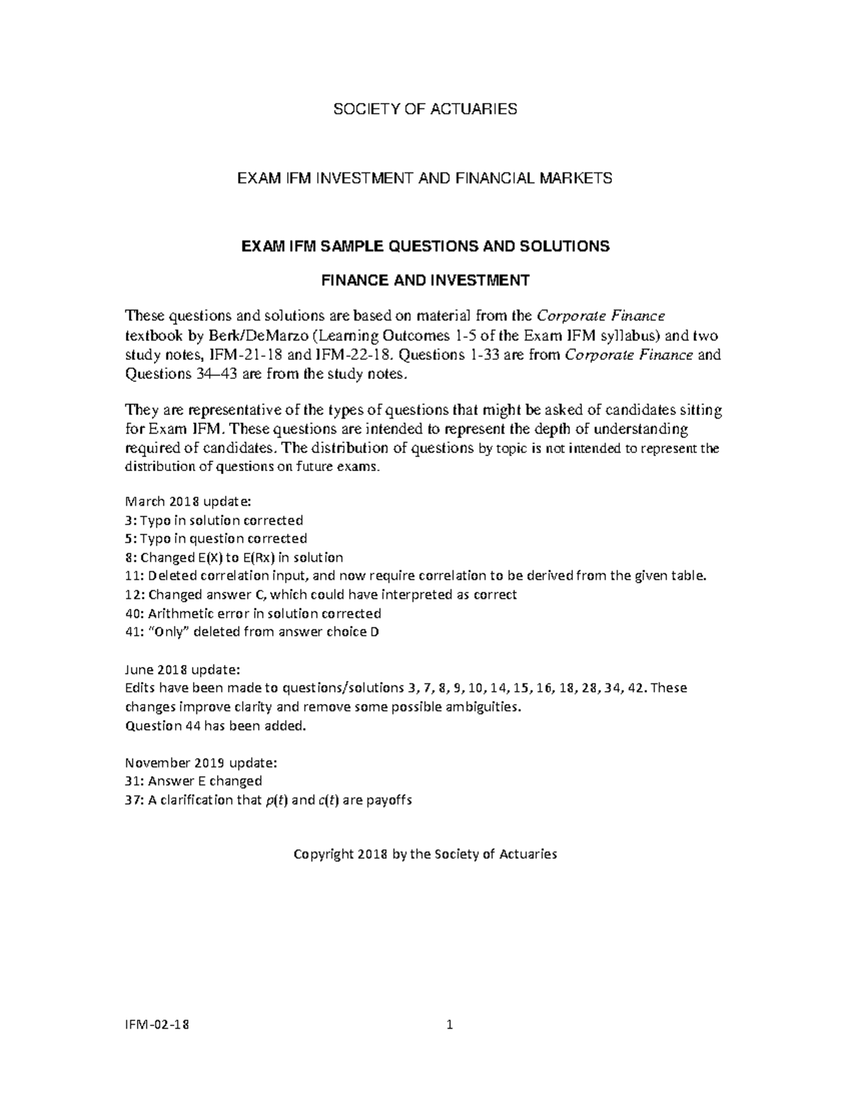 2018 exam ifm sample questions - SOCIETY OF ACTUARIES EXAM IFM ...
