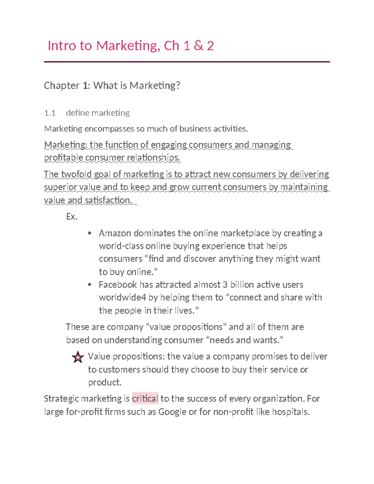 Marketing ch 1 &2 - lecture notes - Intro to Marketing, Ch 1 & 2 ...