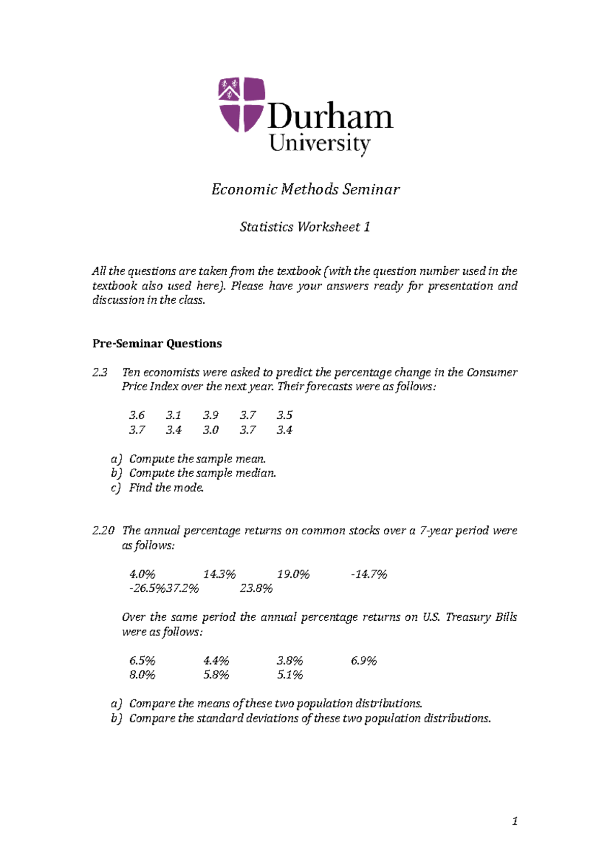Worksheet 1 - Economic Methods Seminar Statistics Worksheet 1 All the ...