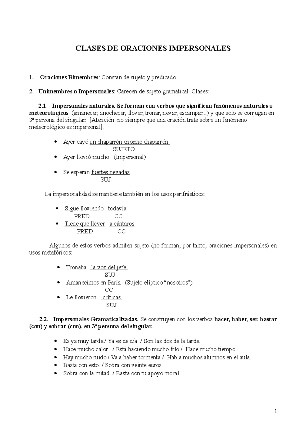 Clases de oraciones impersonales - CLASES DE ORACIONES IMPERSONALES ...