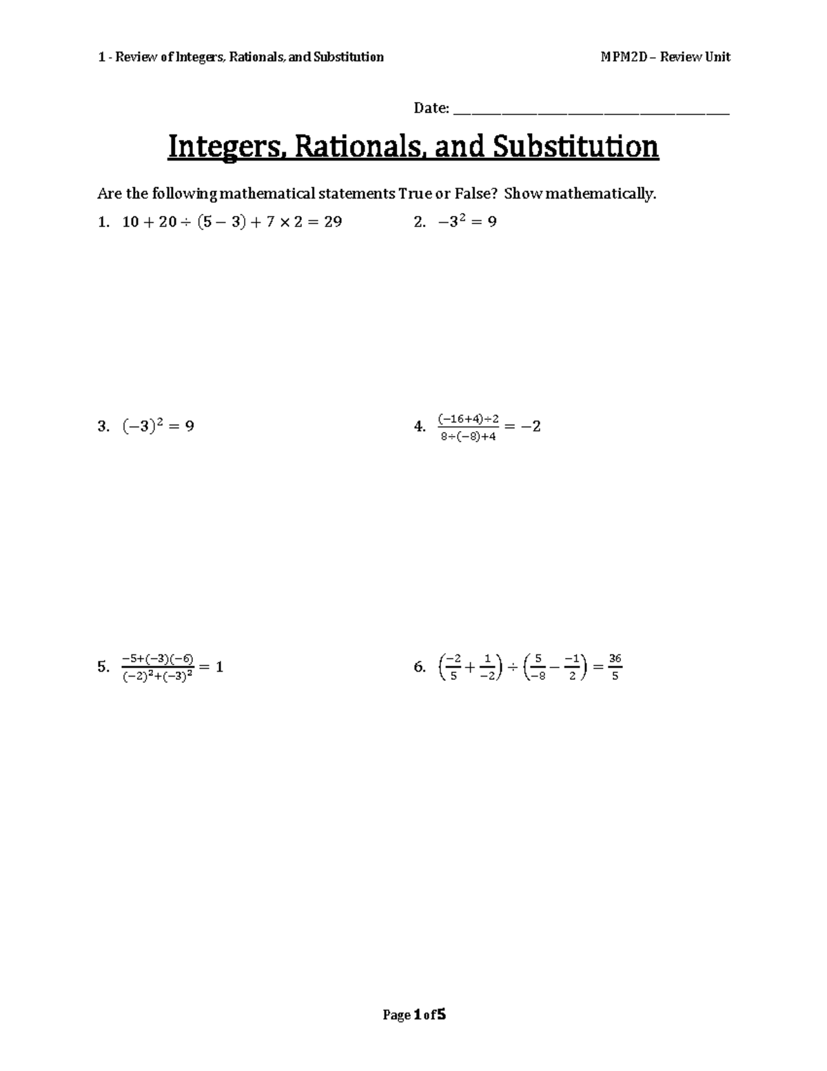 01 - Review of Integers, Rationals, and Substitution - Date: - Studocu
