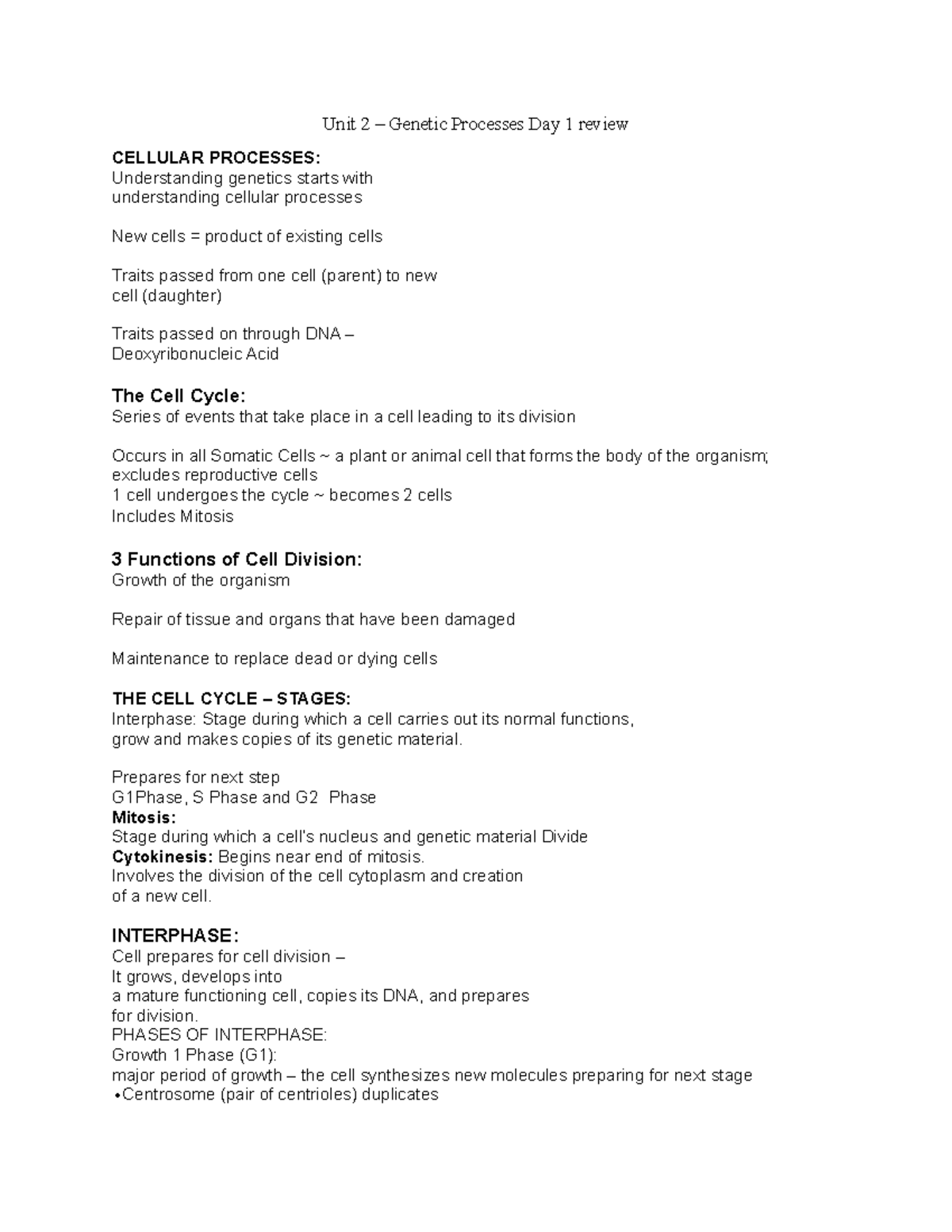 Unit 2 day 1 review Genetics - Unit 2 – Genetic Processes Day 1 review ...