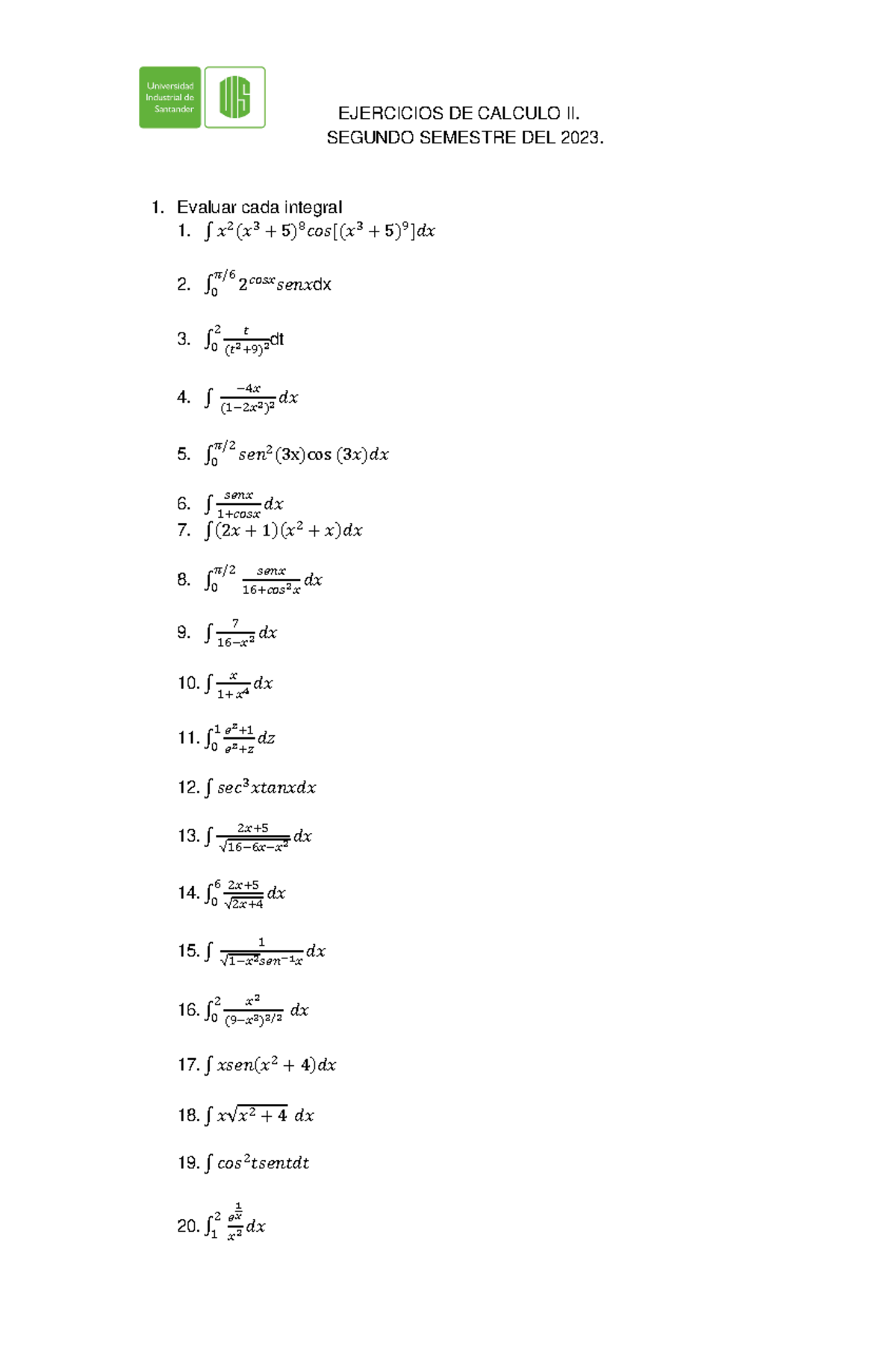 Taller 1 Calculo 2 - EJERCICIOS DE CALCULO II. SEGUNDO SEMESTRE DEL ...