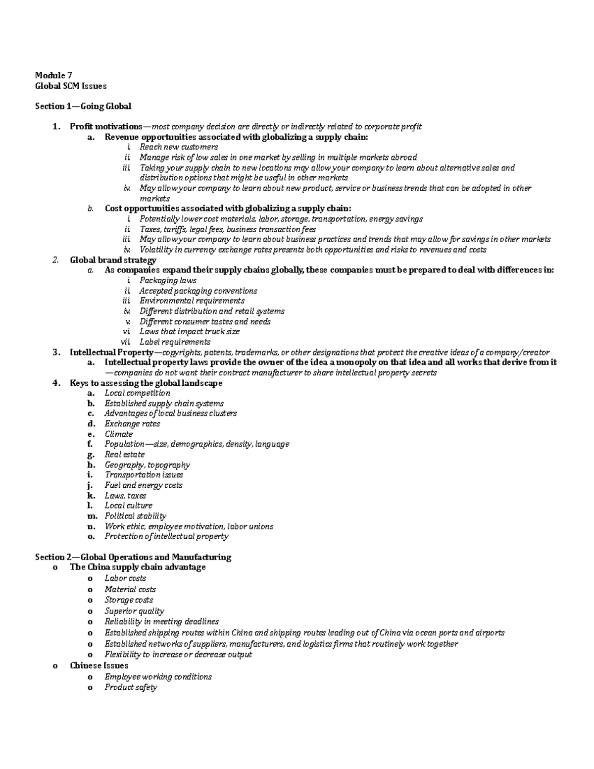 SCM Module 7 SG - Module 7 Global SCM Issues Section 1—Going Global ...