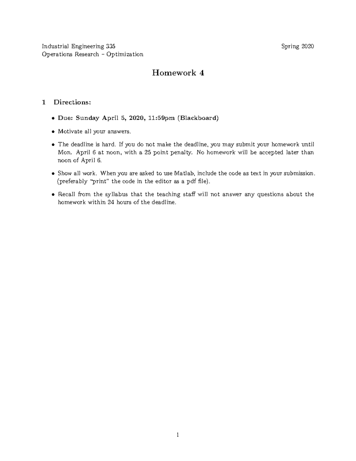 Homework 4 - Industrial Engineering 335 Spring 2020 Operations Research ...