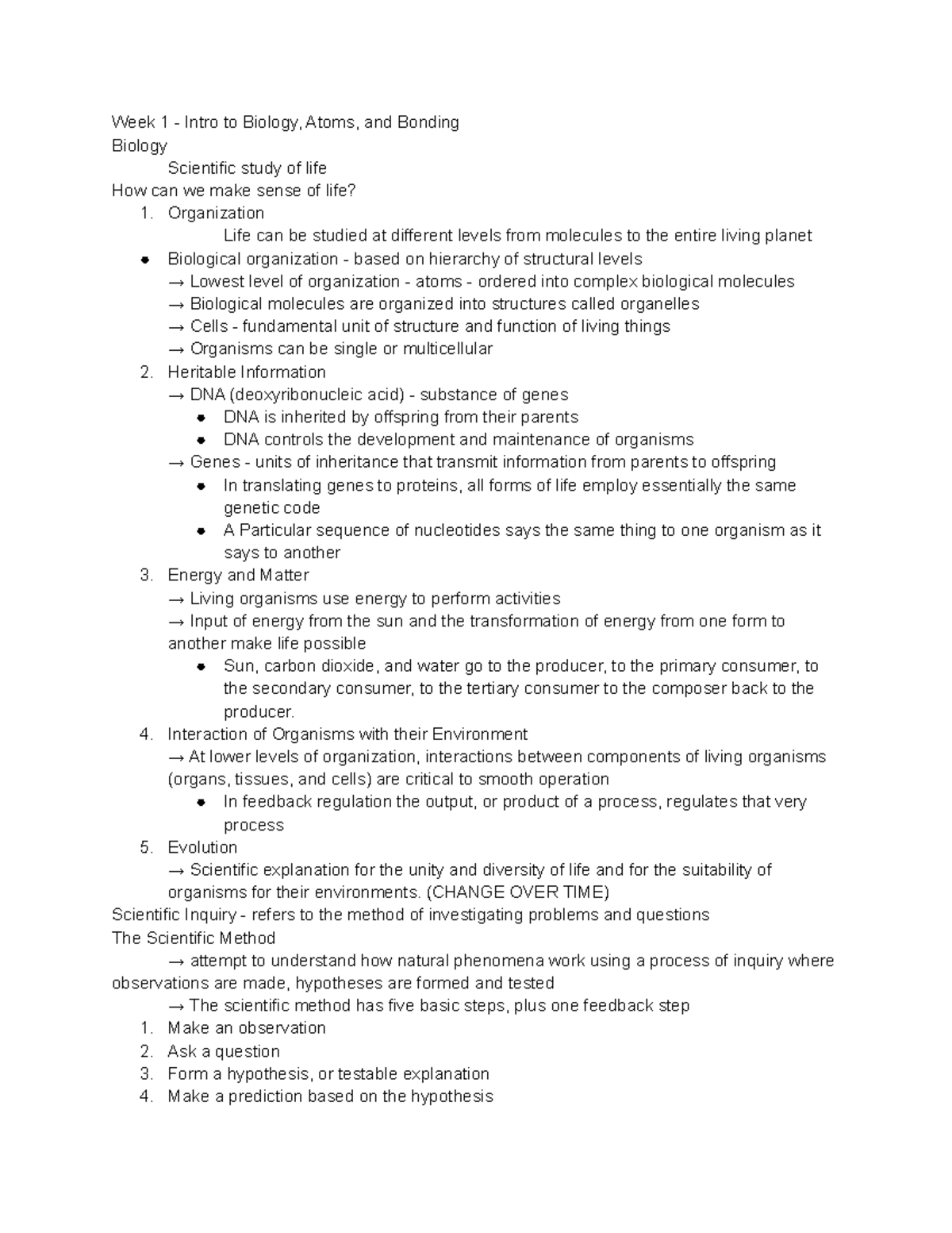 Biology Notes for Test - Study Guide - Week 1 - Intro to Biology, Atoms ...