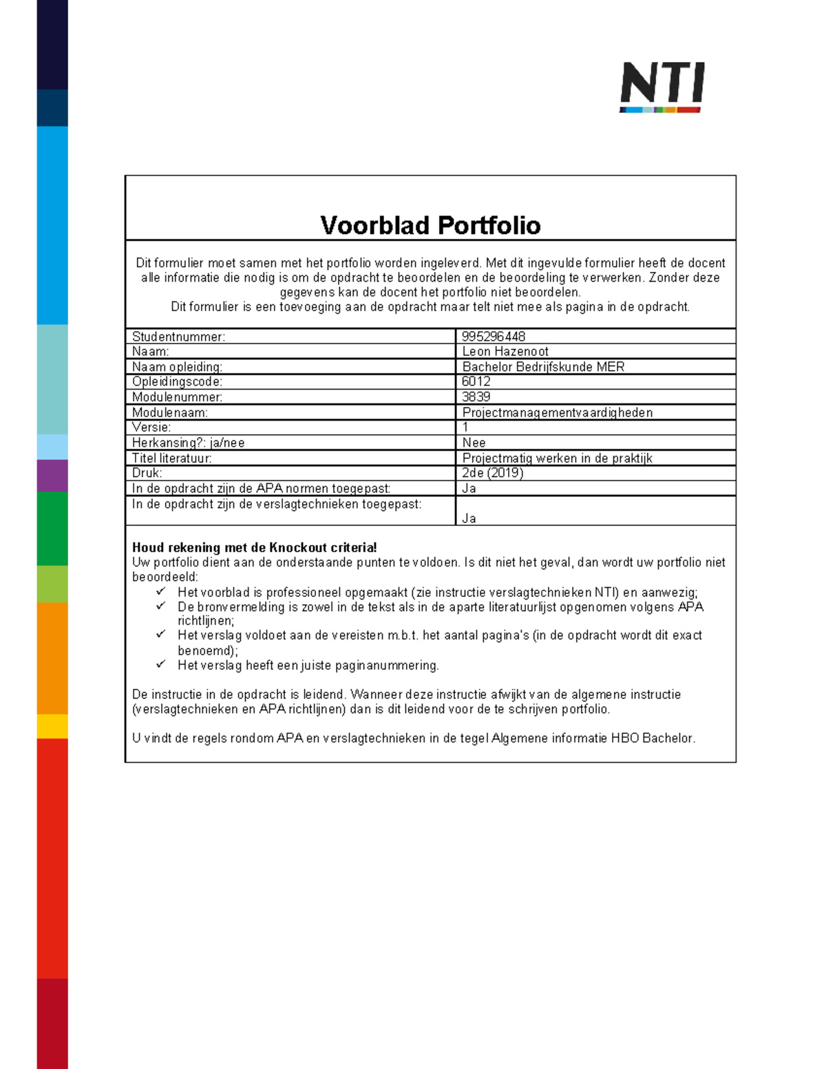 Paper Projectmanagementvaardigheden - Voorblad Portfolio Dit formulier ...