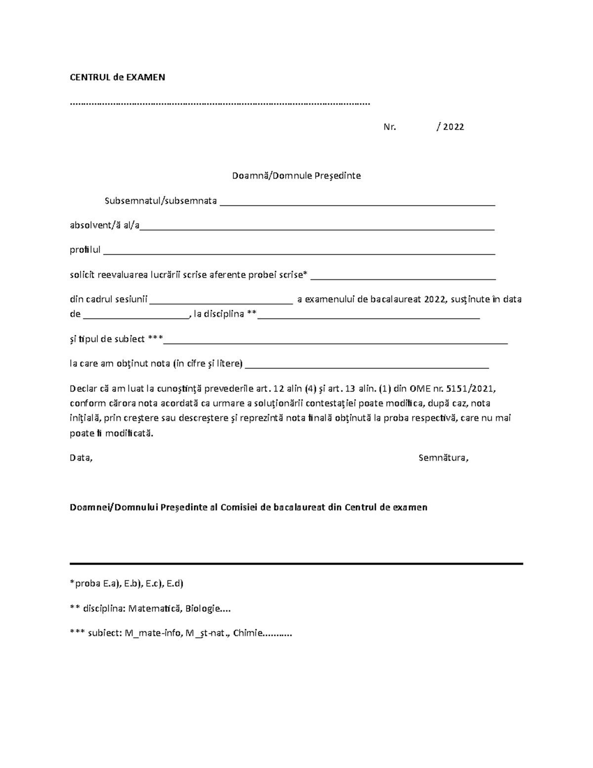 Model Cerere contestatie Bacalaureat 2022 - CENTRUL de EXAMEN - Studocu