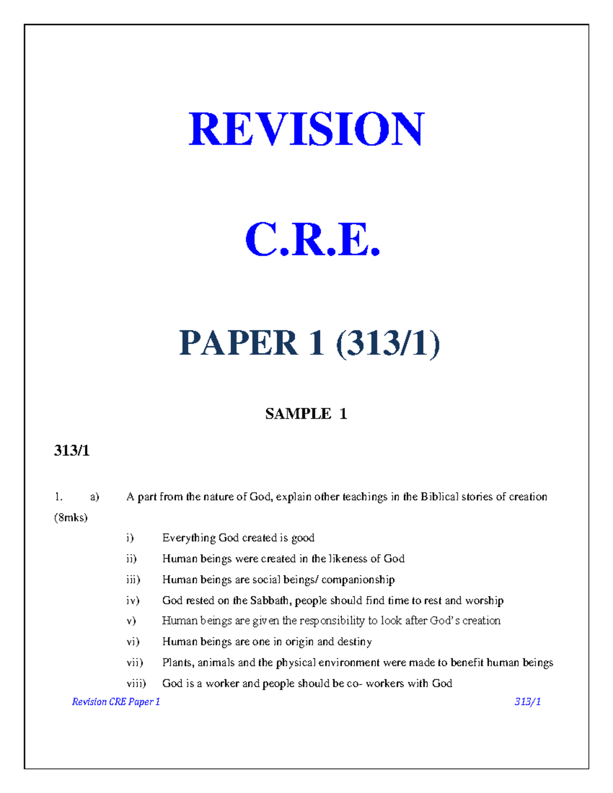 1 CRE Paper 1 Revision Booklet doc - REVISION C.R. PAPER 1 (313/1) SAMPLE 1 313/ a) A part from ...