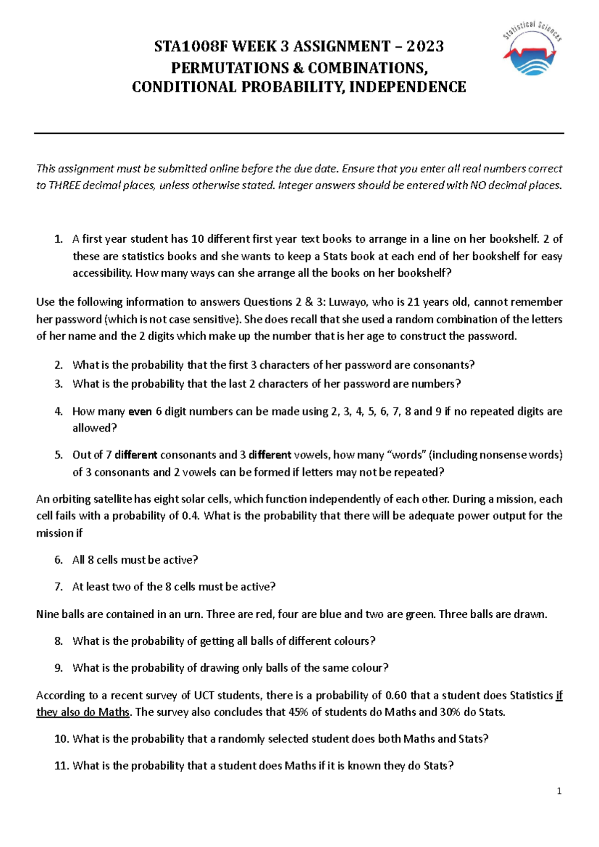 Assignment Week 3 STA1008F 2023 - 1 STA1008F WEEK 3 ASSIGNMENT – 2023 PERMUTATIONS & - Studocu