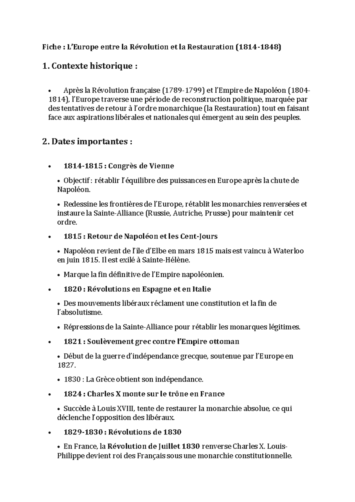 L’europe entre 1814 et 1848 - Fiche : L’Europe entre la Révolution et la Restauration (1814-1848 ...