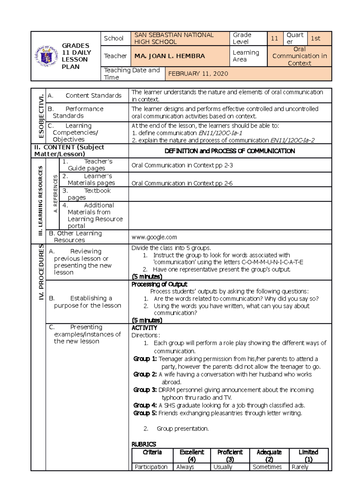 448153019 DLL on Oral Communication - GRADES 11 DAILY LESSON PLAN ...