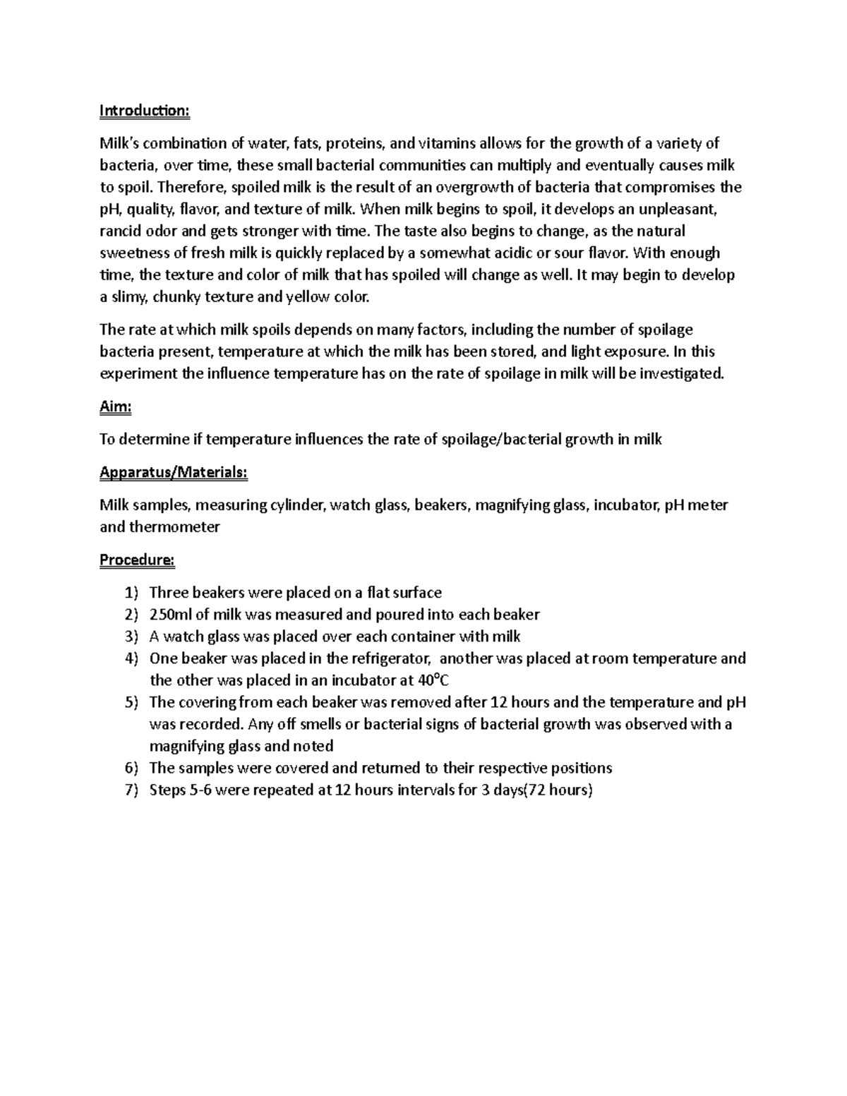 Bio - Milk spoilage experiment - Introduction: Milk’s combination of ...