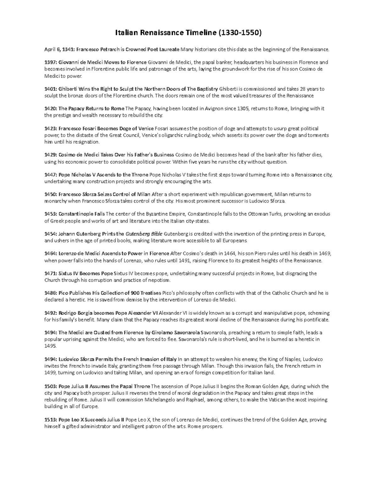 Timeline of the Renaissance - Italian Renaissance Timeline (1330-1550 ...