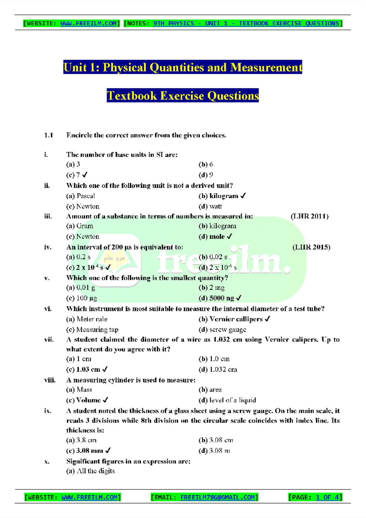 9th Phy Ch 1 Exercise - General Physics - Studocu