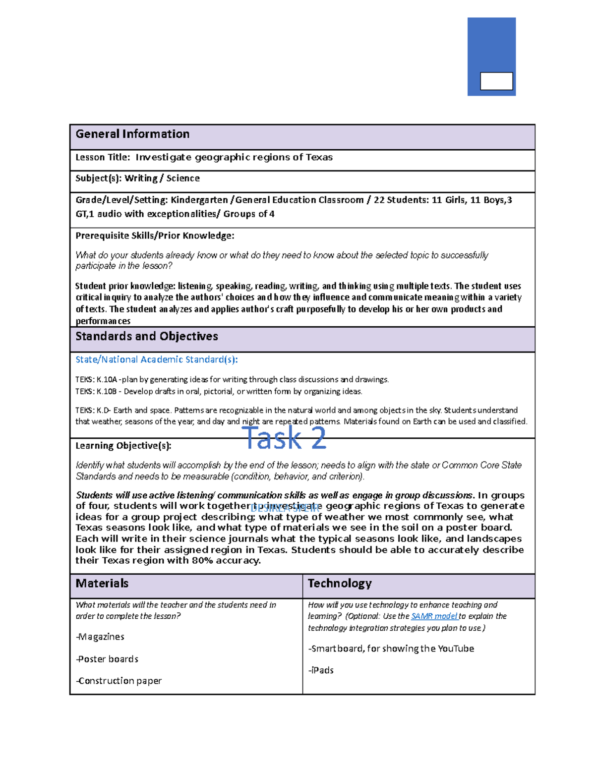 Task 2 La Lesson Plan C365 Wgu Lesson Plan Name