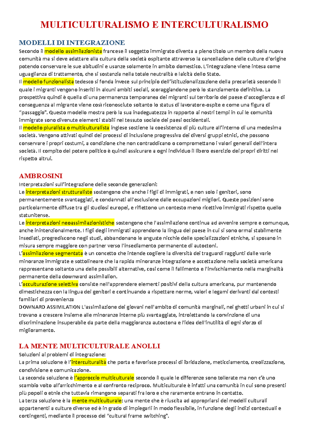 Multiculturalismo E Interculturalismo - MULTICULTURALISMO E INTERCULTURALISMO MODELLI DI - Studocu