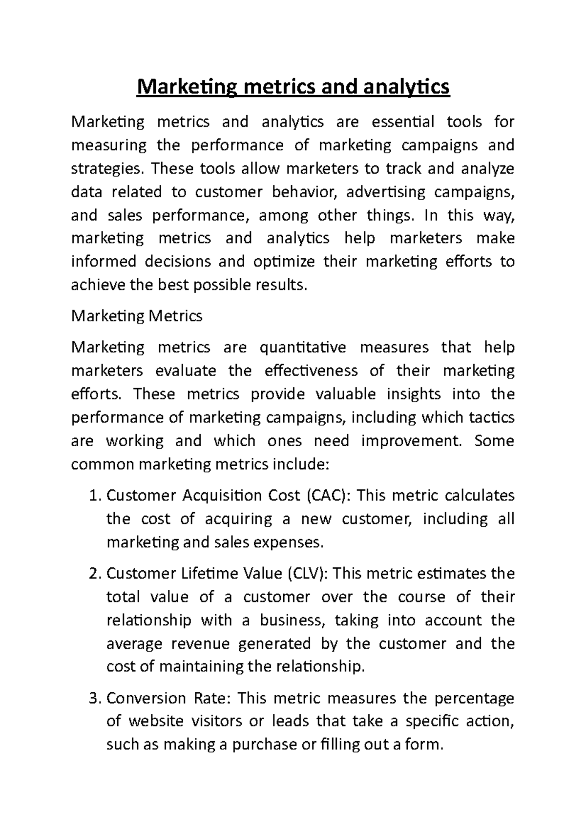 Marketing metrics and analytics - Marketing metrics and analytics ...