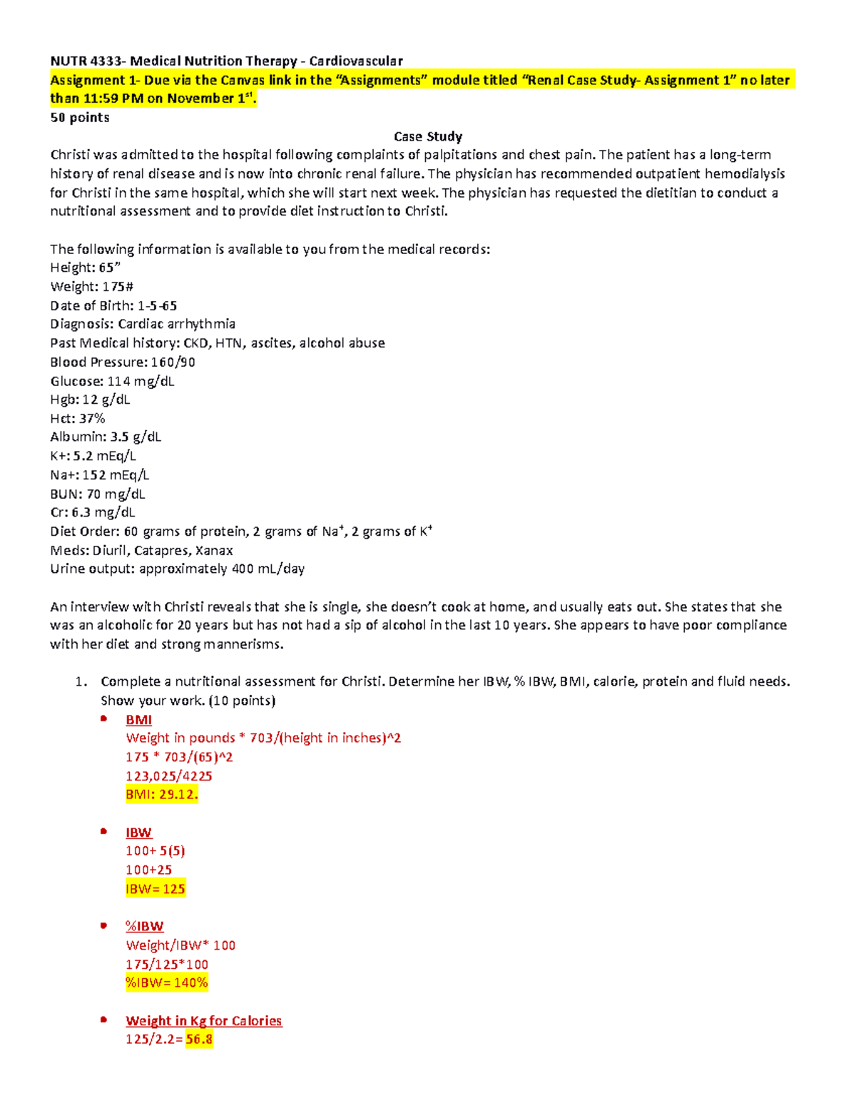 Nutri 22 - NUTR 4333- Medical Nutrition Therapy - Cardiovascular Assignment 1- Due via the ...